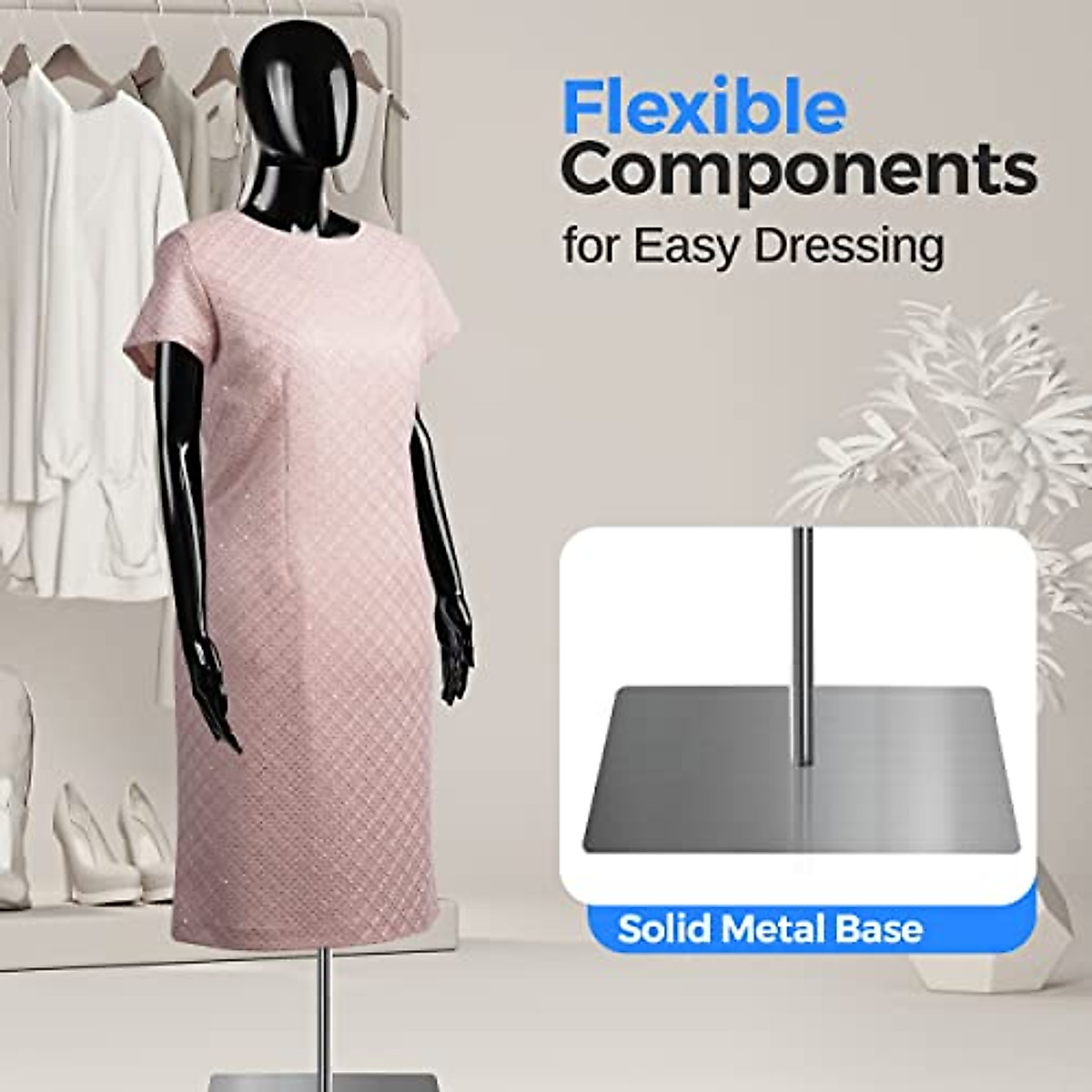 SereneLife Female Mannequin Torso, Adjustable Height and Detachable Arms Dress Form Display with Metal Stand, Glossy Black, for Sweaters, T-Shirts, Jackets, Dresses, Blouses, Tops