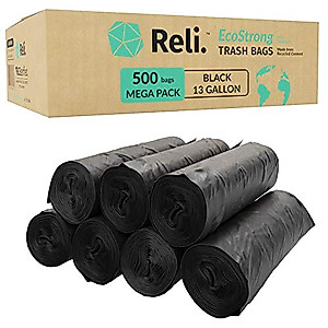 Reli. EcoStrong 13 Gallon Trash Bags | 500 Count Bulk | Black | Eco-Friendly | Made from Recycled Material