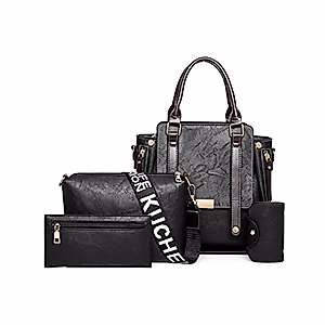 YAQUNICER Women Soft Synthetic PU Leather 4pcs Satchel Crossbody Large Capacity Top-Handle Handbags Shoulder Clutches Purse-Black