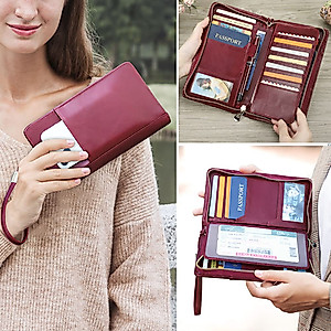 Contacts Travel Passport Wallet for 4 Women Leather Passport Holder RFID Blocking Card Organizer Large Capacity Wristlet Clutch Purse Red with 13 Card Slot