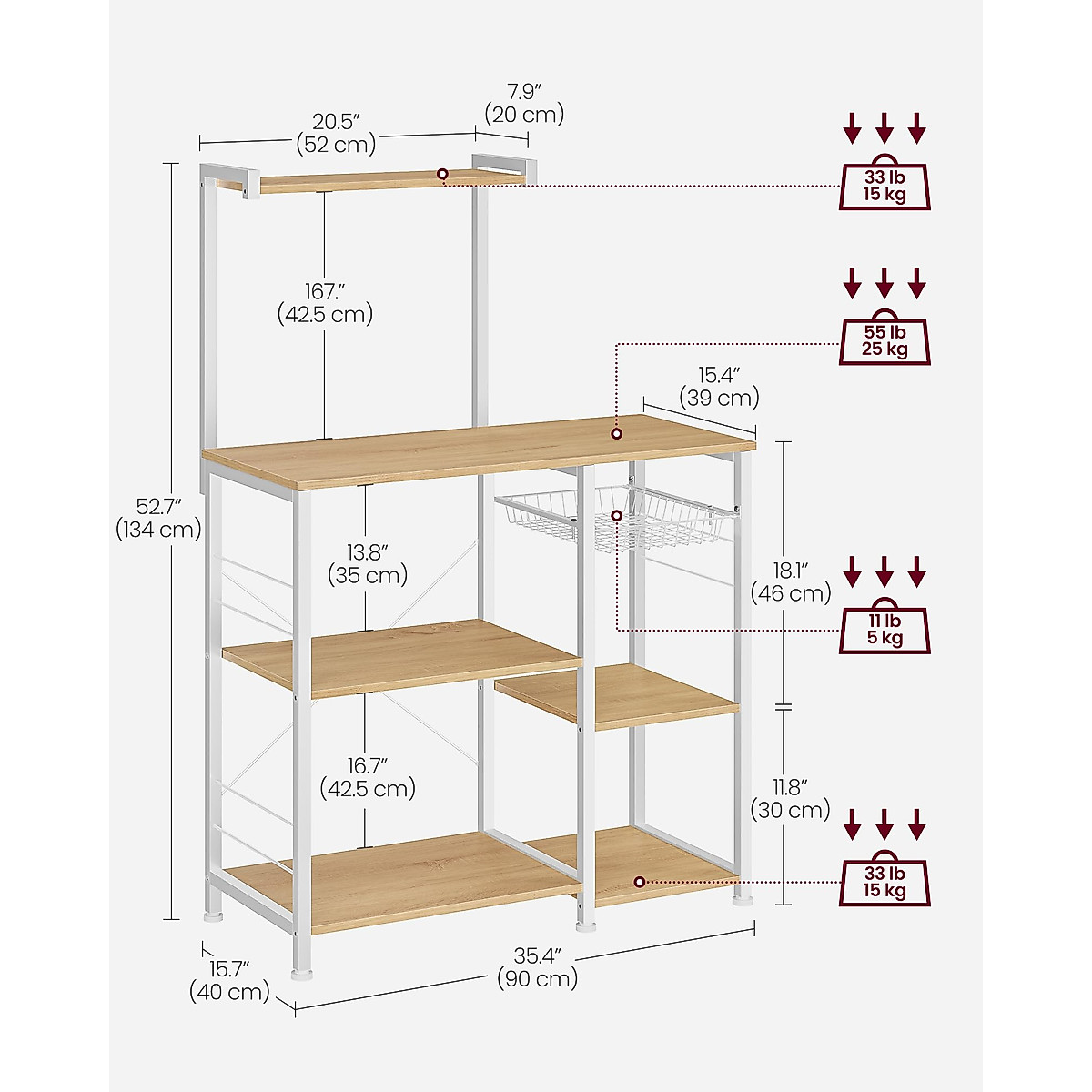 VASAGLE Baker's Rack, Microwave Stand, Kitchen Storage Rack with Wire Basket, 6 Hooks, and Shelves, for Spices, Pots, and Pans, Golden Oak and Cloud White UKKS035W09
