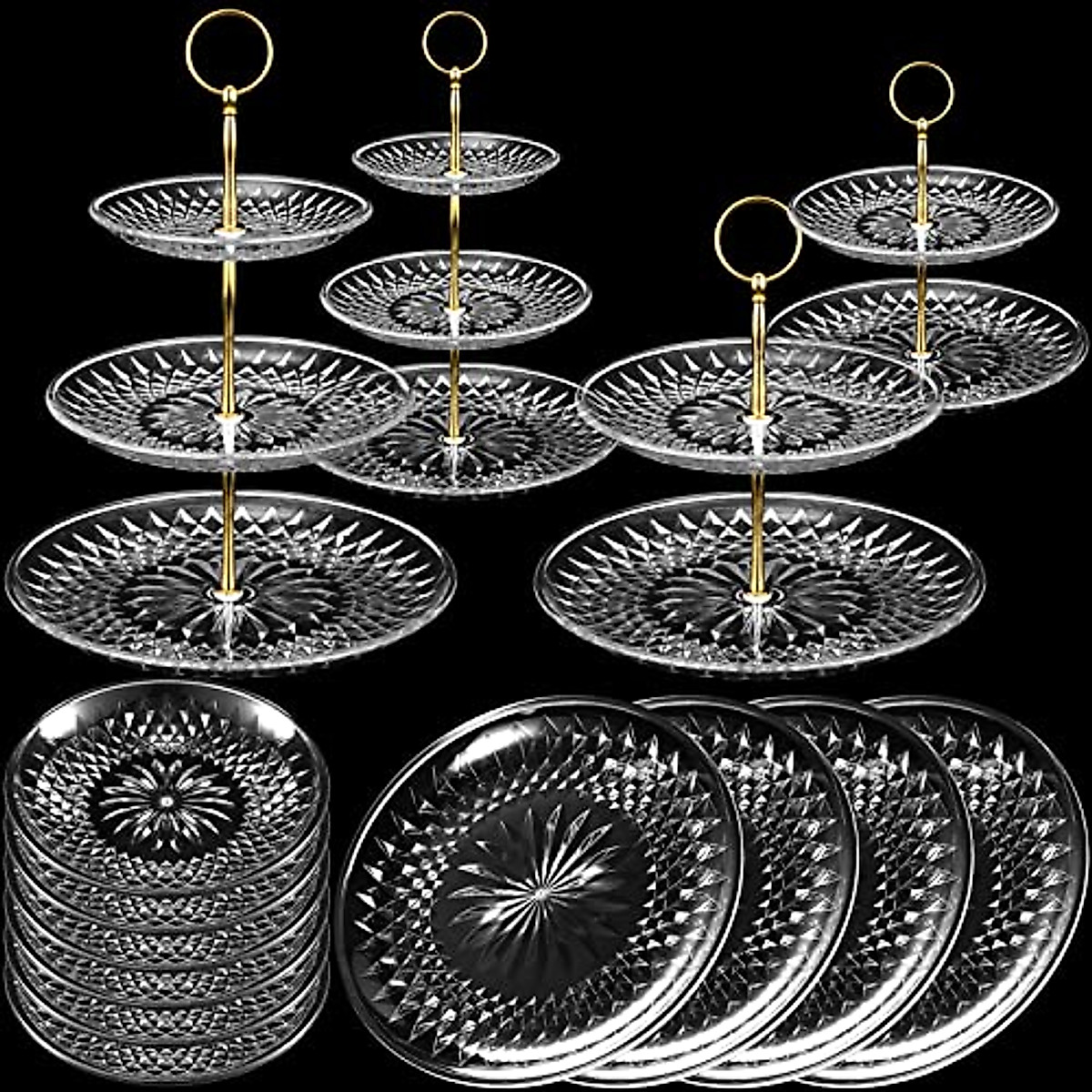 14 Pieces Tiered Cupcake Stand Set Gold 2-Tier 3-Tier Serving Stand Tower Tray with Round Rectangle Food Serving Trays Long Slim Dessert Stand for Party Baby Shower Wedding (Crystal Style)