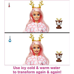 Barbie Cutie Reveal Doll, Snowflake Sparkle Series Deer Plush Costume, 10 Surprises Including Mini Pet & Color Change