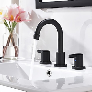 Phiestina 8 Inch 3-Hole Low-Arch 2-Handle Widespread Bathroom Faucet with Valve and Metal Pop-Up Drain Assembly,Matte Black, WF15-1-MB