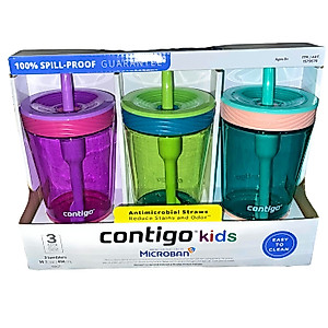 Contigo Spill-Proof Kids Tumbler, 3-Pack, Pink, Green, Aqua, Comes with Customized Bryant Supplies, LLC Pen,14 ounce