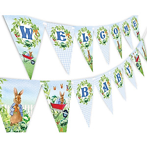 Peter Welcome Baby Banner Pennant - Rabbit Baby Shower Decoration - Peter Baby Shower Supplies - Blue