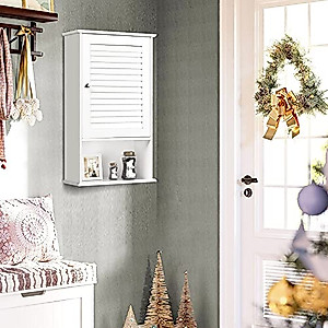 Tangkula Medicine Cabinet, Wall Mounted Bathroom Cabinet Single Door Wooden Bathroom Wall Cabinet with Adjustable Shelf