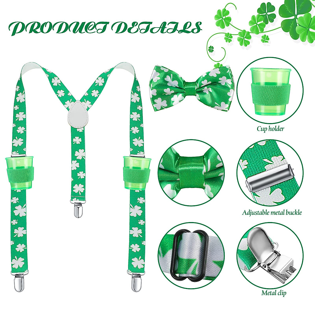Geyoga St Patricks Green Suspenders St Patricks Day Suspenders Adjustable Elastic Men's Suspenders with Clips Shamrocks Suspender with Shamrocks Bowtie Cups Pins Saint Patricks Day Accessories