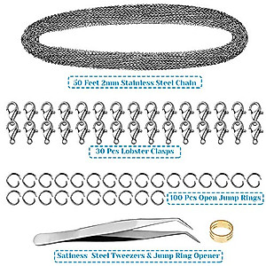 Chains for Jewelry Making, Anezus 50 Feet Stainless Steel Jewelry Chain Bracelet Chains 2.0mm Silver Thin Chain with Jump Rings Lobster Clasps for Making Jewelry DIY Necklace Making
