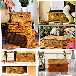 AOMYGOD 3 Pcs Wicker Shelf Storage Baskets with Lid Handwoven Seagrass Rectangular Box with Cover Household Woven Rattan Organizer Bins Shelf Wardrobe Organizer (Beige)