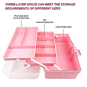 HengLiSam 12'' Three-Layer Clear Plastic Storage Case for Art Craft and Cosmetic, Multipurpose Organizer and Portable Handled Storage Box for Home, School, Office (Pink)