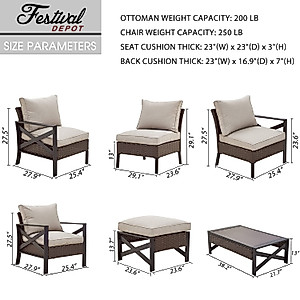 Festival Depot 9 Pcs Patio Outdoor Furniture Conversation Set Sectional Sofa with All-Weather Brown PE Rattan Wicker Back Chair, Ottoman, Coffee Table and Soft Thick Removable Couch Cushions