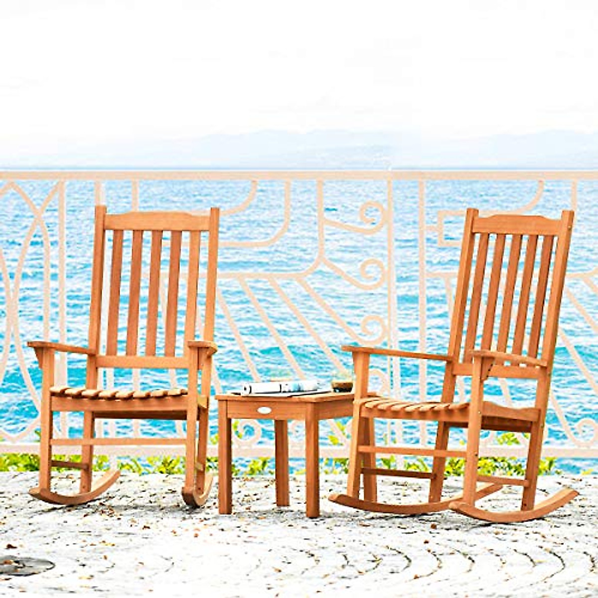 Giantex Rocking Chair 3 Piece Set Wooden W/Two Wood Conversation Chairs and Accent Table for Backyard Porch Poolside Lawn Wooden Rocker Set