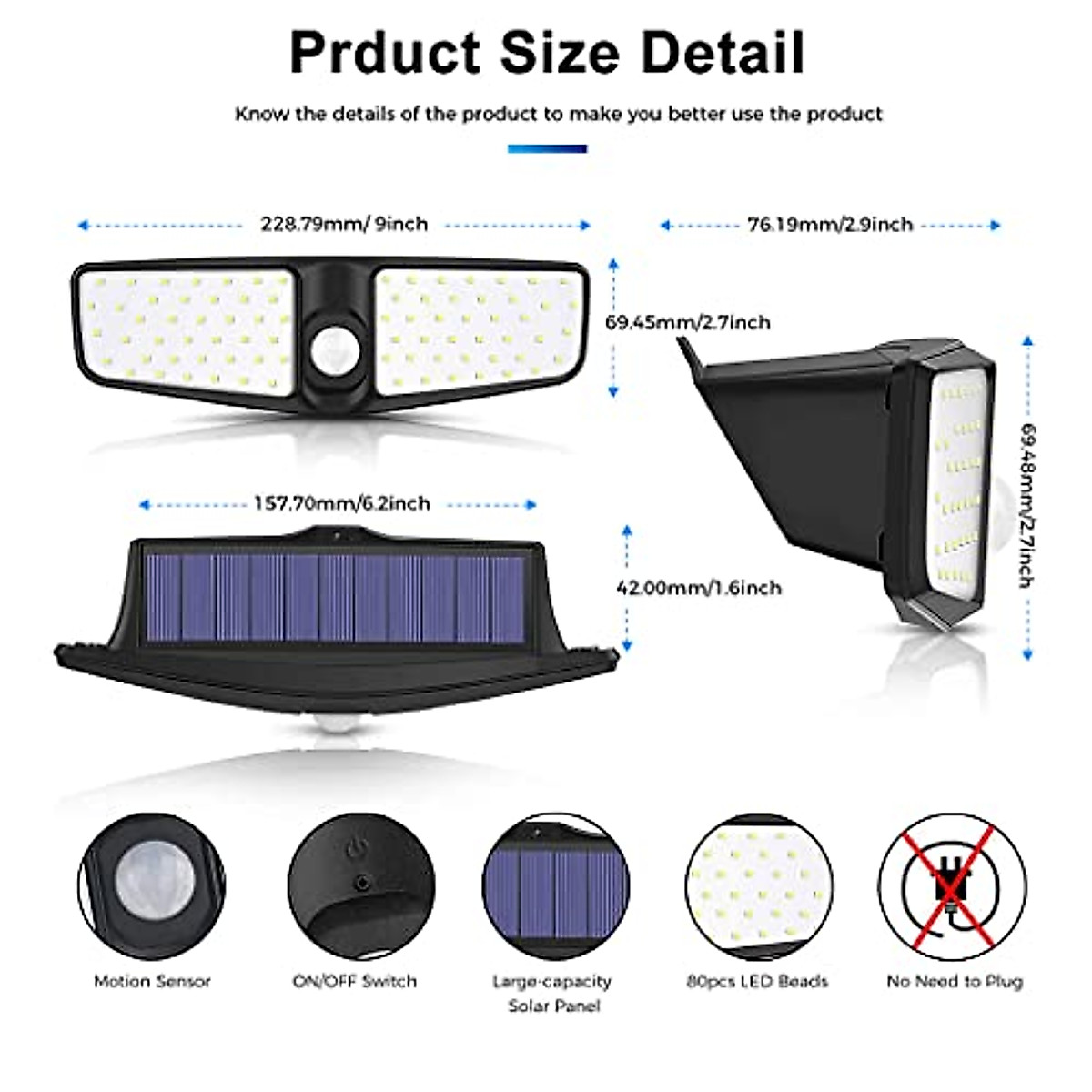 YOOMAO 100 LED Super Bright Outdoor Solar Lamp PIR Motion Sensor IP65 Waterproof Wall Light 270 ° Wide-Angle Lighting Garden Lights