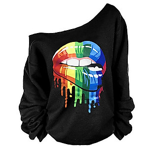 MAGICMK 80s Outfit for Women,Off Shoulder Long Sleeve,80s Outfit Sweatshirt Slouchy Printed Neon Long Tunics Top for Party (4XL)