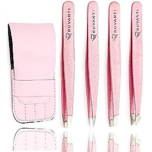 Ruvanti Tweezers 4 Pieces Set for Men/Women - Best for Plucking Eyebrow Facial & Ingrown Hairs, Slant Tip Pointed Straight & Precise - Pink