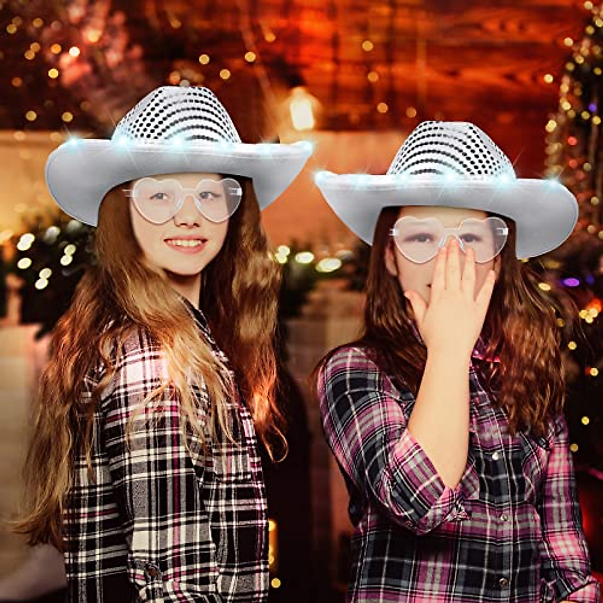 Zhanmai 6 Set LED Cowboy Hat Light Up Glitter Cowboy Hat with Sunglasses Sequin Space Cowgirl Hat for Women Men Costume Accessories (Gray)