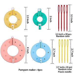 2 Set Pompom Makers of 6 Sizes, JOERSH 50 PCS Pom Pom kit Includes 8 PCS Pom Pom Maker, 2 PCS Thread Cutter Scissors, 40 PCS Plastic Needles for Fluff Ball Weave DIY Wool Yarn Knitting