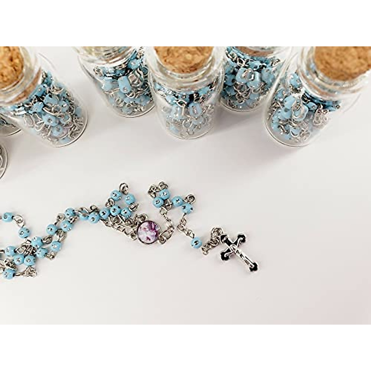 Baptism Favor (12PCS) Holy Communion Rosary in Glass Bottle Jar Recuerdos De Bautizo Quinceanera Christening Recuerdos para Primera Comunion Niña Quinceanera Gift for Guests Blue