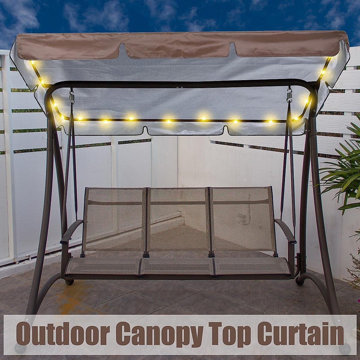 GliCraft LED Lighted Porch Swing Canopy Replacement Waterproof Swing Top Cover LED Swing Canopy Replacement Canopy Sun Shade Awning Cover Outdoor Patio Swing Canopy (Brown,65 x 45 Inch)
