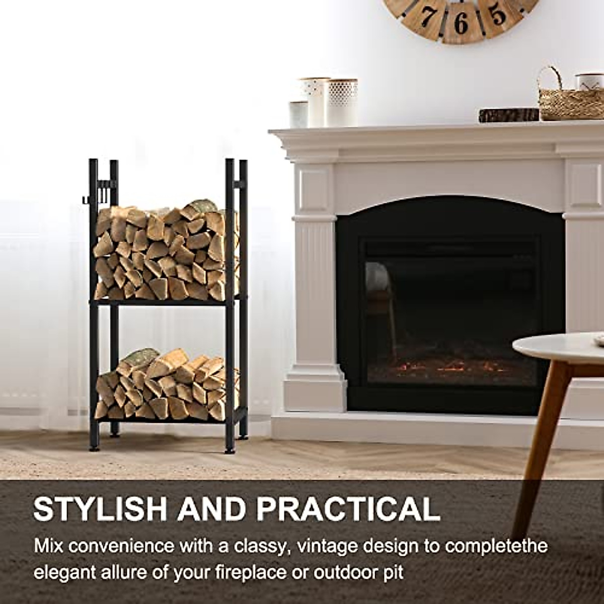 NANANARDOSO Firewood Rack Holder, Fire Wood Log Storage Stand with Kindling Holder for Indoor Fireplace, Outdoor Patio Fire Pit Stove, Fireplace Tools, Fire Wood Racks with 4 Hanging Hooks