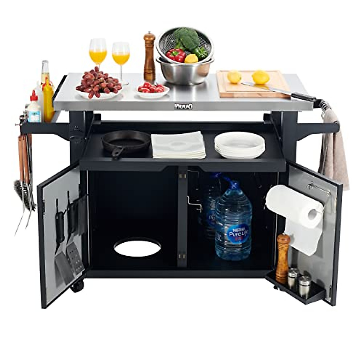 NUUK Pro 42-Inch Rolling Outdoor Kitchen Island and BBQ Serving Cart, with Heavy Duty Wooden Cutting Board and Propane Tank Holder