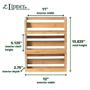 Lipper International Bamboo Wood 3-Tier Spice Rack 8840 - Space Saving 12" x 2.3" Vertical Storage for Spices or Craft Supplies - Attached Ring Hangers, Easy Hand Wash Maintenance