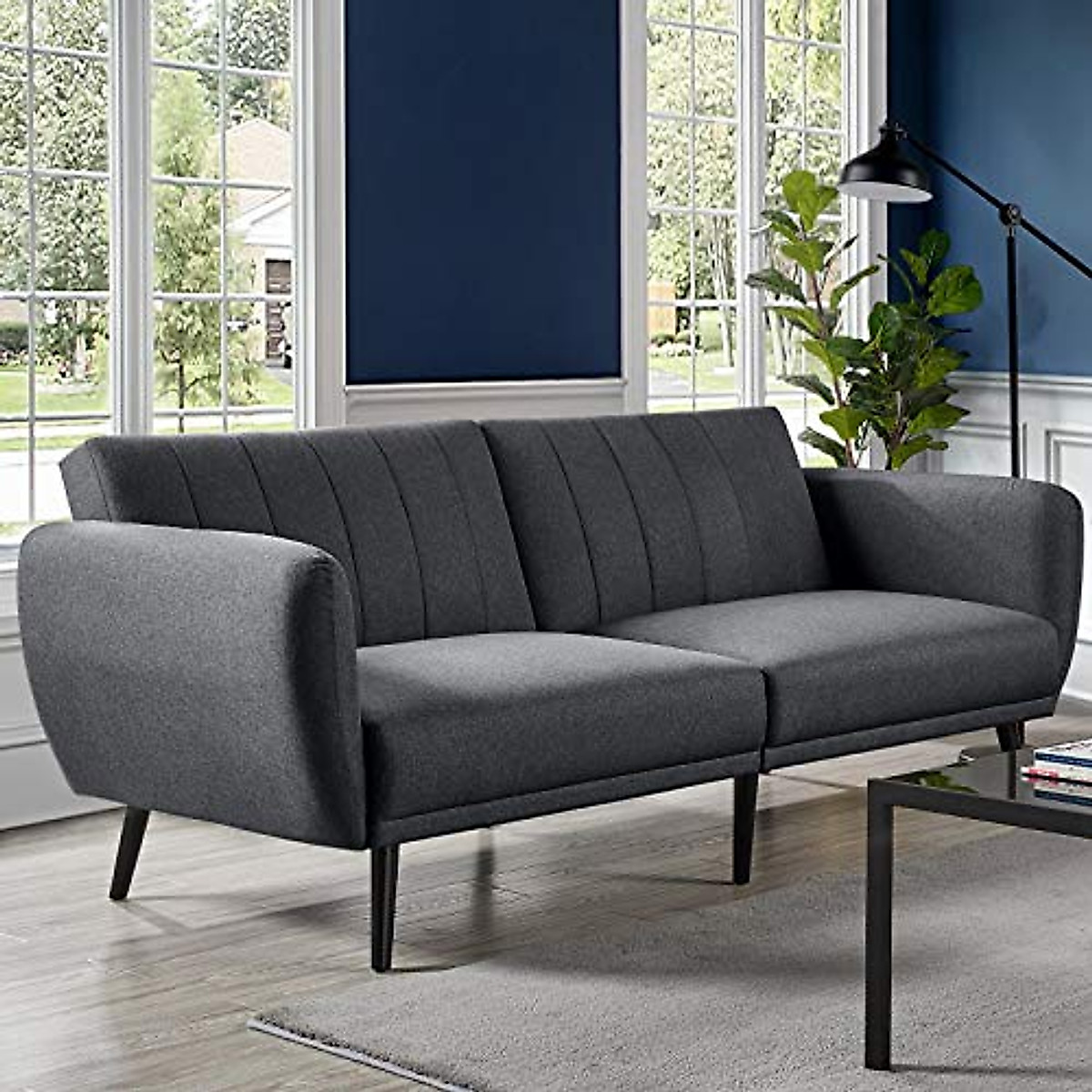 Topeakmart Sofa Bed Couch Sleeper Convertible Loveseat with Wood Legs Ribbed-Tufted Convertible Sofa Bed Linen-Upholstery for Small Space/Guest Room Gray