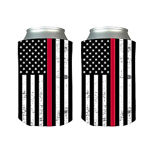 Thin Red Line Flag Collapsible Beer Can Bottle Beverage Cooler Sleeves 2 Pack Gift For Firefighter Fire Fighter