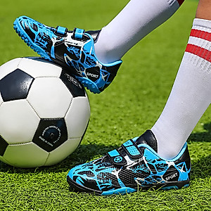 FUQIAO Kids Firm Ground Soccer Cleats for Boys Girls Outdoor Athletic Turf Shoes Indoor Football Trainning Sneakers, Blue, 2.5 Little Kid