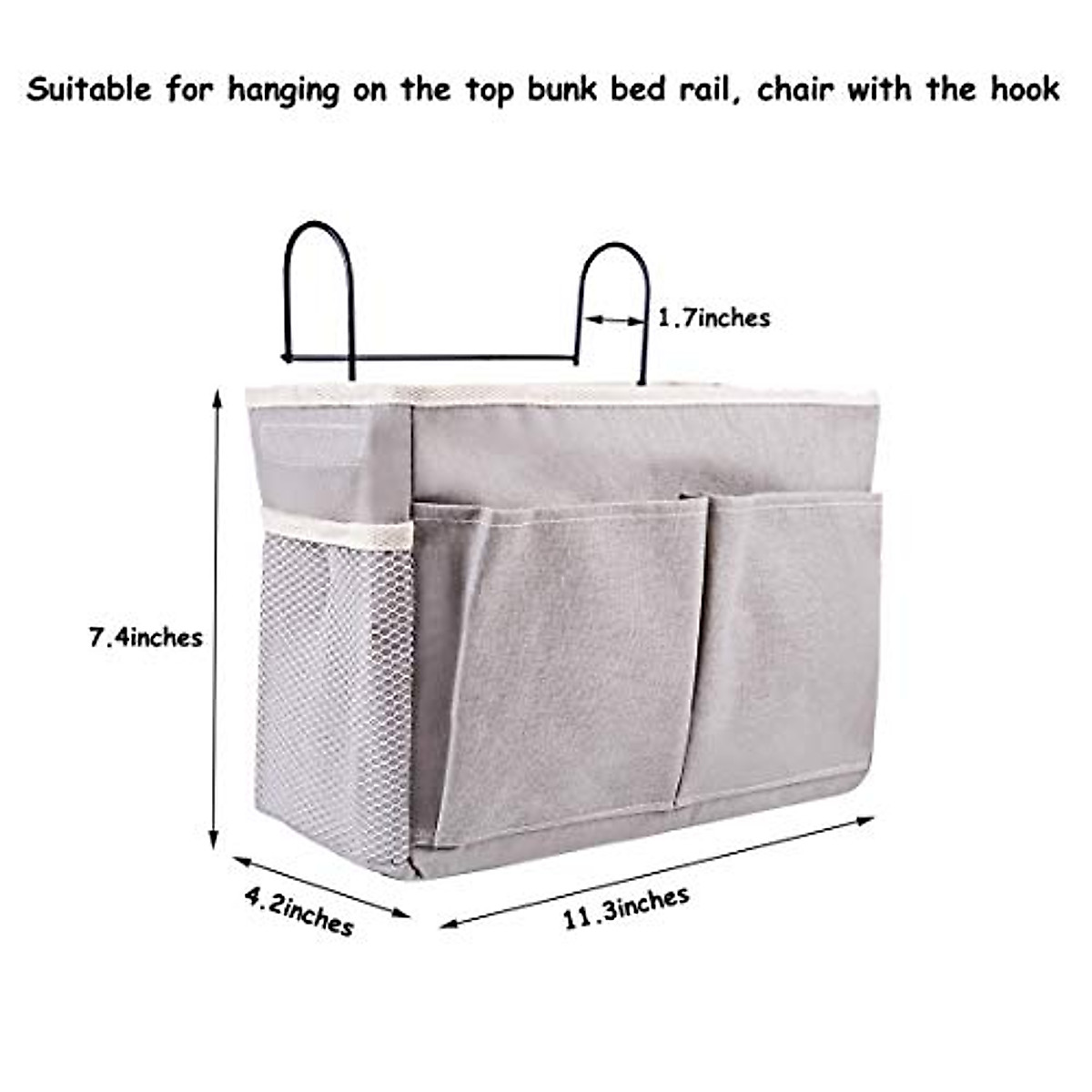 KonHaovF 2Pack Bedside Organizer Caddy Hanging with Hook, Bed Storage Pocket for Dorm Kids Room Top Bunk Bed Loft Bed, Bedside Storage for Phone Remote Control Laptop Books (Grey)