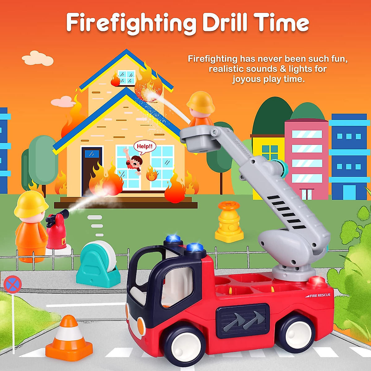 Baby Toys 12-18 Months Musical Fire Truck Toys for 1 Year Old Boys Girls Early Educational Learning Toy with Firefighting Tools/Music/Light Baby Toy Cars for 1 2 3 Year Old Boy Birthday Gifts