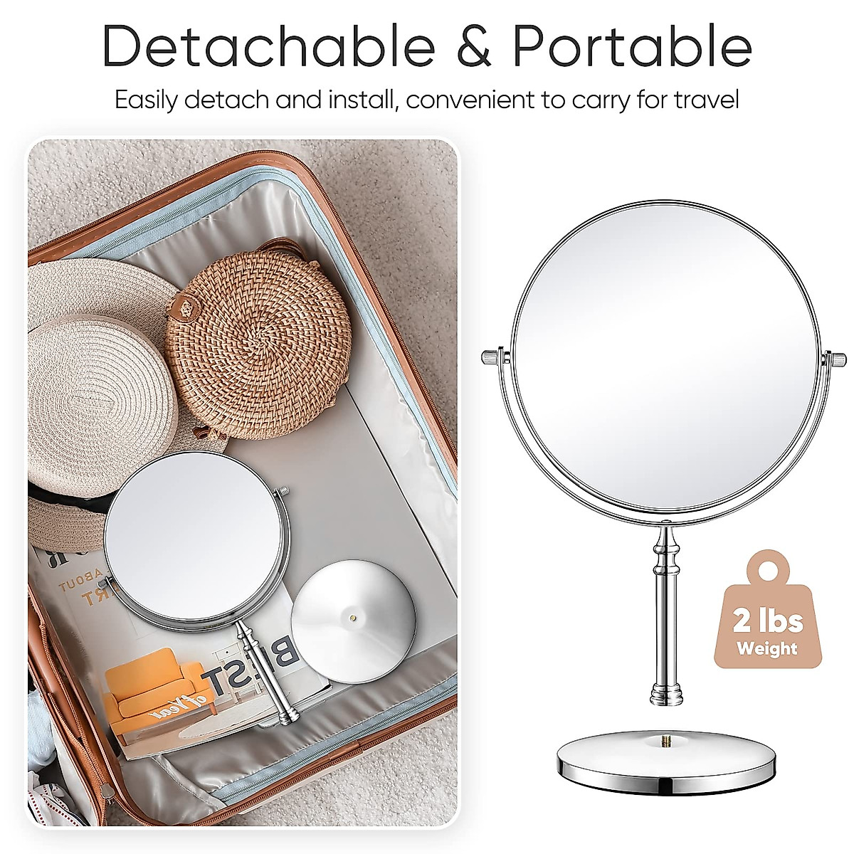 KEDSUM 1X/10X Magnifying Makeup Mirror, 8 Inch Large Table Mirror with Stand, Personal Makeup Mirror with Magnification, Double Sided Vanity Mirror with 360° Rotation, Detachable Base
