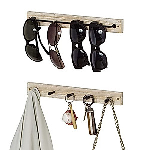 MyGift 2 Piece Set Wall Mounted Wood Sunglasses Organizer Rack and Coat Hook Wall Rack in Whitewashed Finish with Metal Hardware, Entryway Eyeglass Hanger Rail and Key Hooks