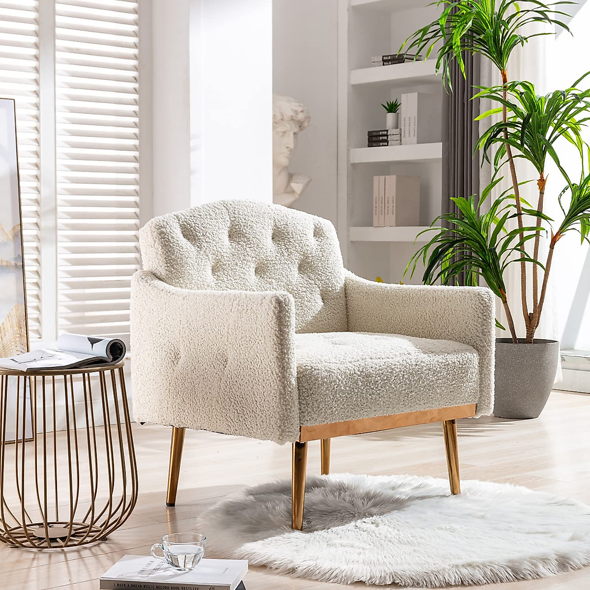 Olela Modern Accent Chair with Arms, Tufted Decorative Single Sofa Fabric Armchair with Gold Metal Legs, Upholstered Reading Chair for Living Room Bedroom Office (White - Fabric)