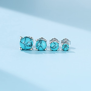 White Gold Plated Sterling Slver Turquoise Stud Earrings 3mm-8mm Options, Simulated Gemstone 4-Prong Studs Hypoallergenic Jewelry (6mm)