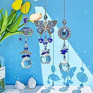 3pcs Evil Eye Suncatchers with Crystal Prism Balls for Window Hanging Sun Catcher Decor Blue Eyes Suncatcher Rainbow Maker Pendant Ornament for Home Garden Charm Craft Gift
