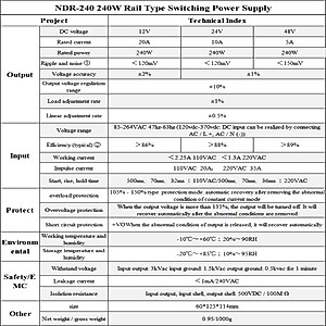 NVVV NDR-240-24 24V 10 Amp 240W Industrial DIN Rail Power Supply Input Voltage 100 to 240 with PFC