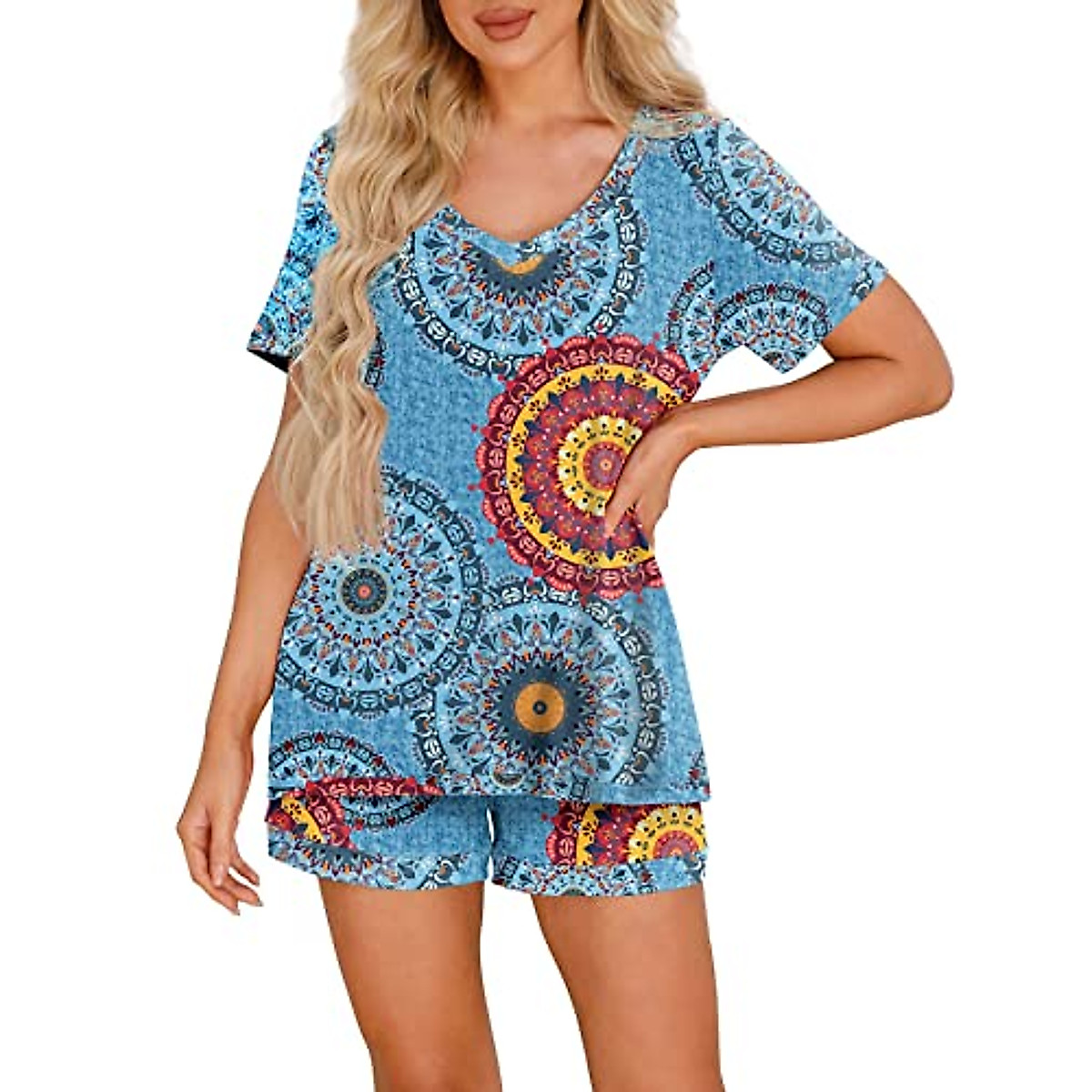 PrinStory Women's Pajama Set Short Sleeve Shirt and Shorts Sleepwear Pjs Sets with Pockets FP-Mix Blue-Small