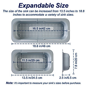 YUNKWONG Extendable Sink Colander Strainer Basket - Wash Vegetables and Fruits, Drain Cooked Pasta and Dry Dishes - Adjustable Over the Sink Colander Collapsible Drainer Basket -Gray