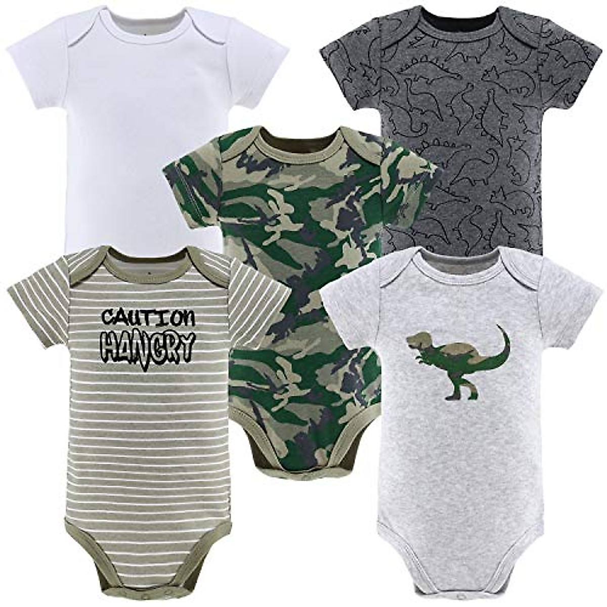 The Peanutshell Short Sleeve Baby Bodysuits Set for Boys - Camo & Dinosaur - 5 Pack Set (3M)