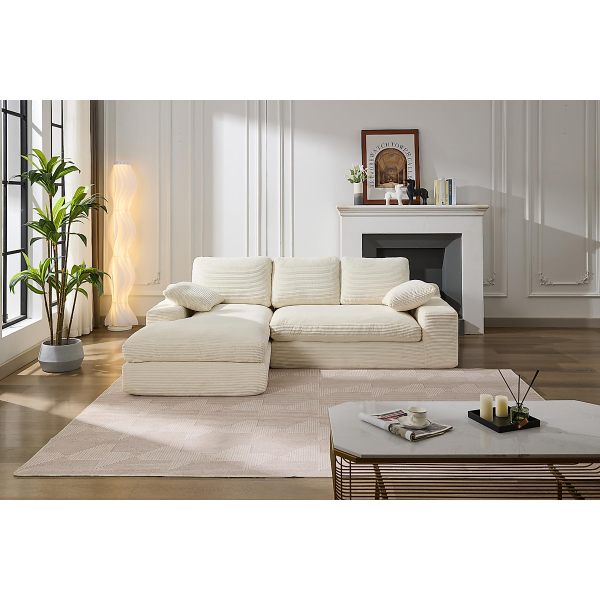 Oversized Modular Sectional Sofa Couch, No Assembly Required Sleeper Sofa, Corduroy Upholstered Cloud Couch, Convertible L Shaped Couch for Living Room, Free Combination (White)