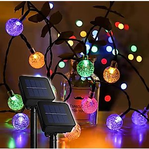 Manboo 2PACK Solar & Battery Outdoor String Lights 20FT*2 Total 40 ft 120 Crystal Balls Multicolored Waterproof LED Lights Xmas Indoor 8 Lighting Modes for Fence Porch Party Balcony Garden Décoration