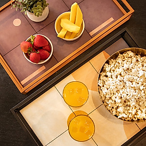 Modern Elegant Decorative Art Design Ottoman Tray with Handles for Coffee Table. Rectangle Living Room Kitchen Serving Tray with Metal Structure and Handles Designed with Ceramic Style. (Black)