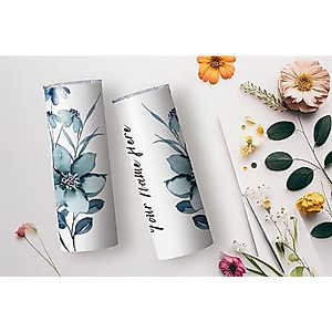 Personalized Flowered Skinny Tumbler 20Oz, Stainless Steel with lid, Straw, Brush and Non-Slip Base. Keep Drinks Hot or Cold. Use like Water Bottle, Coffee Mug, Travel Mug, Wine Cup. (Light Blue)