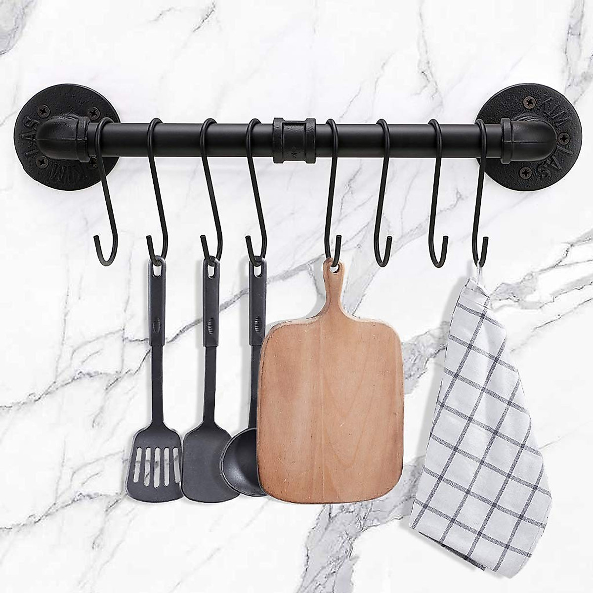 Sumnacon 16 Inch Industrial Pipe Pan Pot Rack with 8-Hooks, Wall Mounted Metal Rail Kitchen Utensil Pot Pan Lid Storage Organizer/Cookware Holder with Hardwares