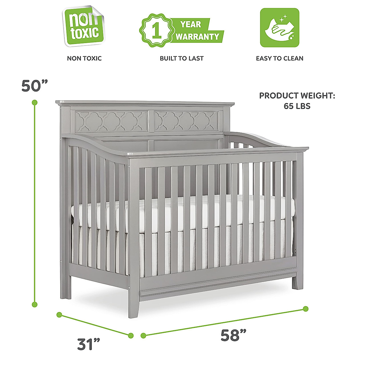 Dream On Me Fairview 4 In 1 Convertible Crib In Silver Grey Pearl, JPMA Certified, 3 Mattress Height Settings, Built Of Durable & Sustainable Pinewood