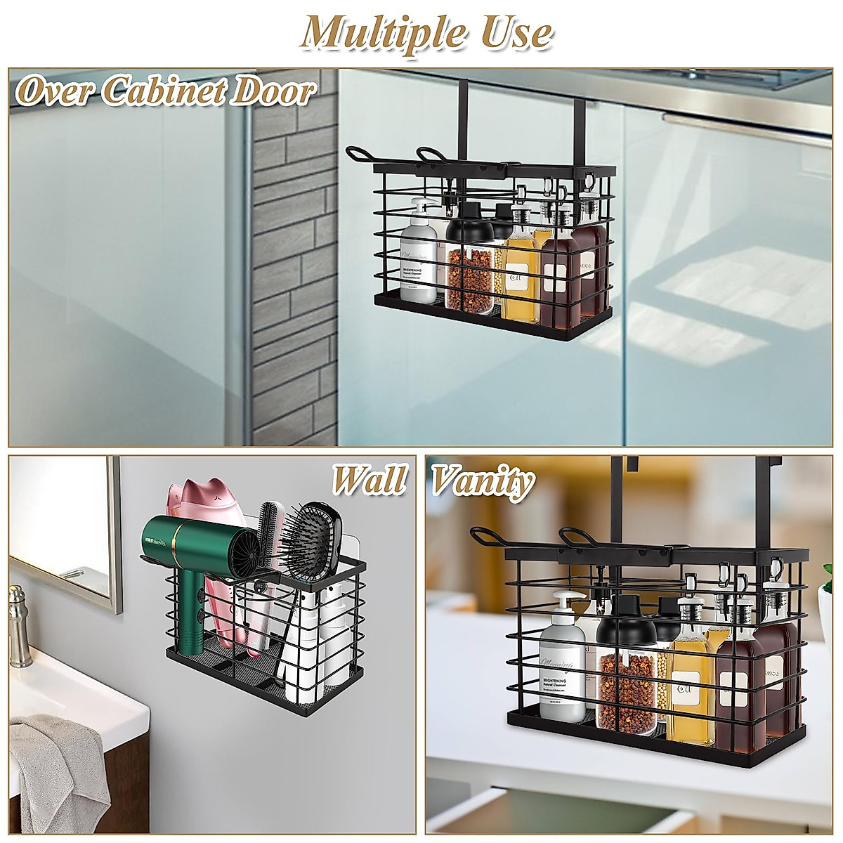 CYEAH 2 Pack Hair Dryer Holders, 3-in-1 Hair Tool Organizer Blow Dryer Holder, Adjustable Height Wall Mounted/Cabinet Door Bathroom Organizer Storage for Hair Dryer, Curling Wands, Hair Straighteners