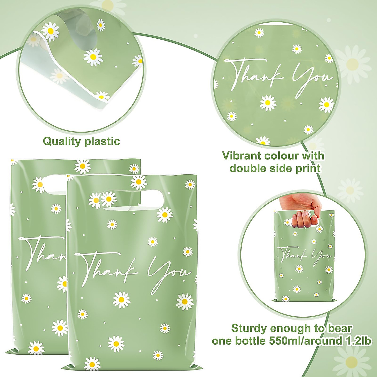 50pcs Sage Green Daisy Floral Thank You Plastic Gift Bags, Spring Summer Flower Goodie Bags Bulk with Handles Party Favors for Mothers Day Baby Shower Wedding Birthday Party Decorations and Supplies