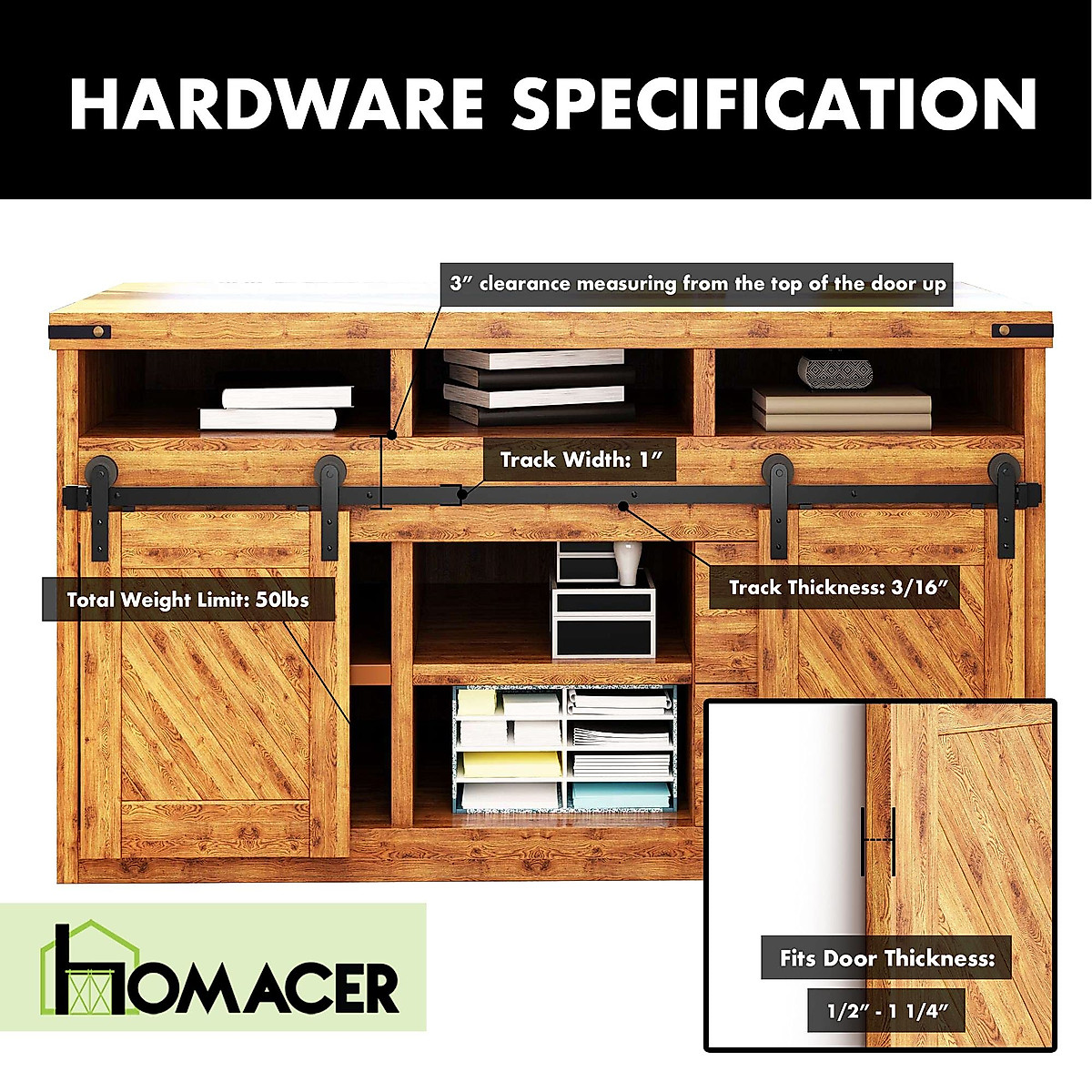 Homacer Mini Black Rustic Non-Bypass Sliding Barn Door Hardware Kit, for Two/Double Doors, 54-inch Long Flat Track, Straight Design Roller, Cabinet TV Stand Console Use…